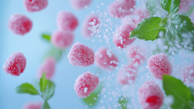 Pink Sugar Coated Raspberries and Mint Leaves Falling on Blue ...