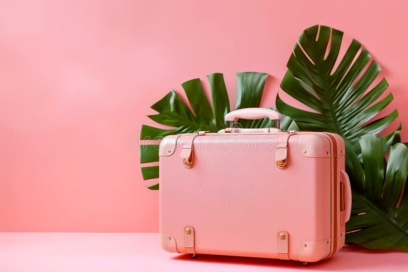 Pink Suitcase Sitting Next To Large Green Plant on Pink Background ... Pink Suitcase Sitting Next To Large Green Plant on Pink Background ...