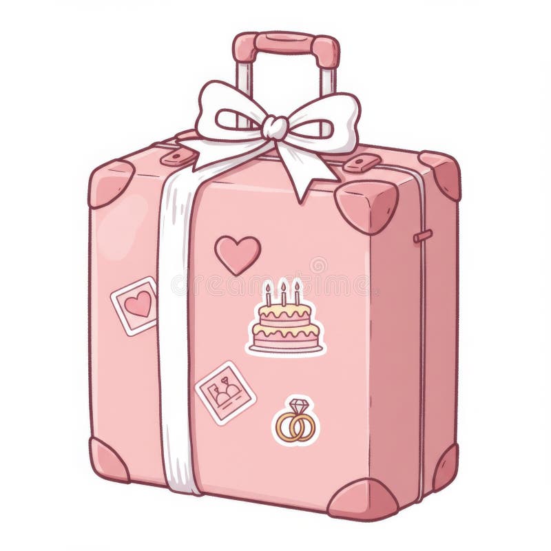 Pink Suitcase with Wedding Stickers and Cake Illustration Stock ...