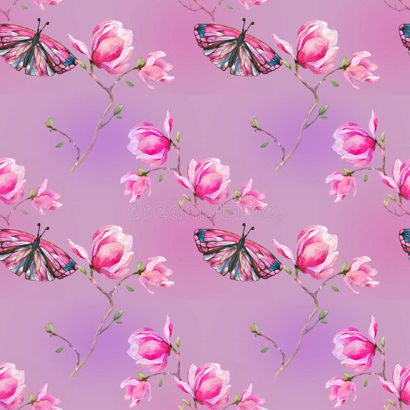 Pink Summer Pattern with Butterfly and Magnolia Stock Illustration ...