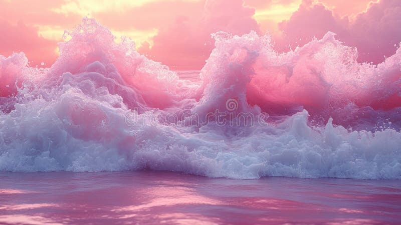 Pink Sunrise Ocean Waves, Soft Sea View Stock Illustration ...