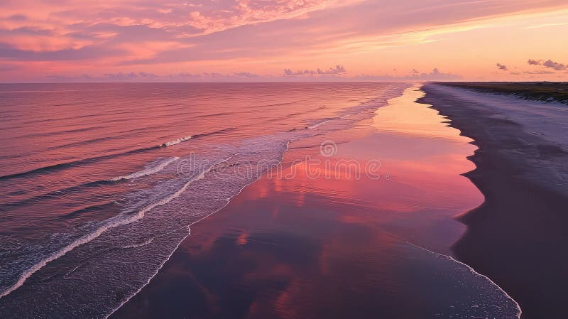 Pink Sunrise Over the Ocean with a Sandy Beach and Gentle Waves Stock ...