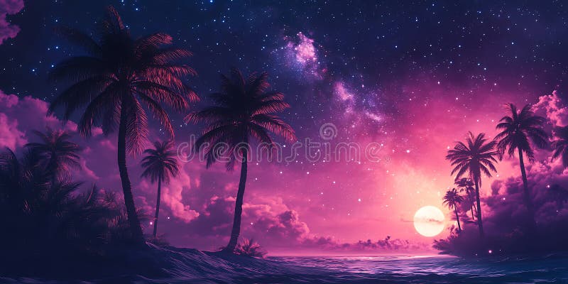 Pink Sunset Beach with Palm Trees and Starry Sky Tropical Night Scene ...
