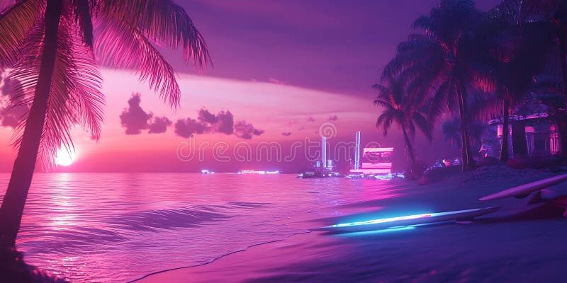 Pink Sunset Beach Scene Tropical Wallpaper Background Stock ...