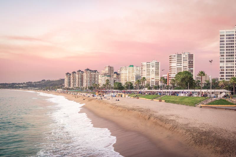 Pink Sunset at El Sol Beach - Vina Del Mar, Chile Stock Image - Image ...