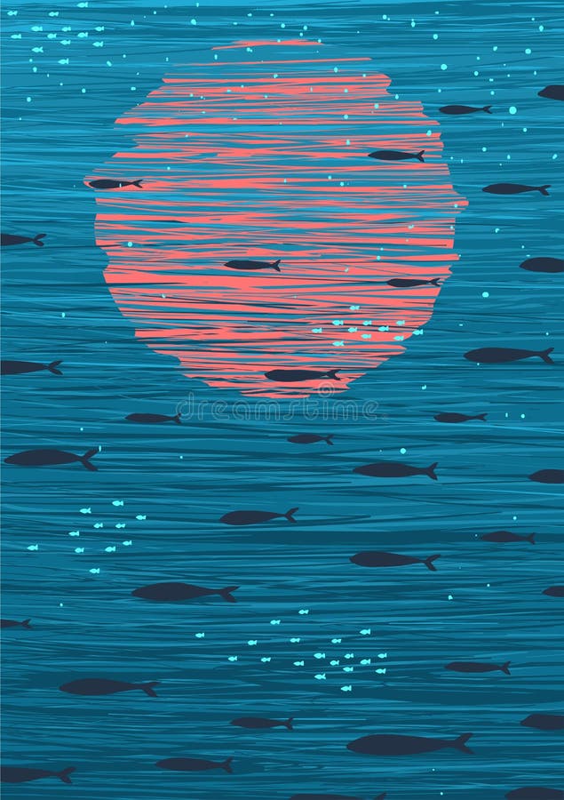 Pink Sunset and Fish Underwater Cartoon Background Stock Vector ...