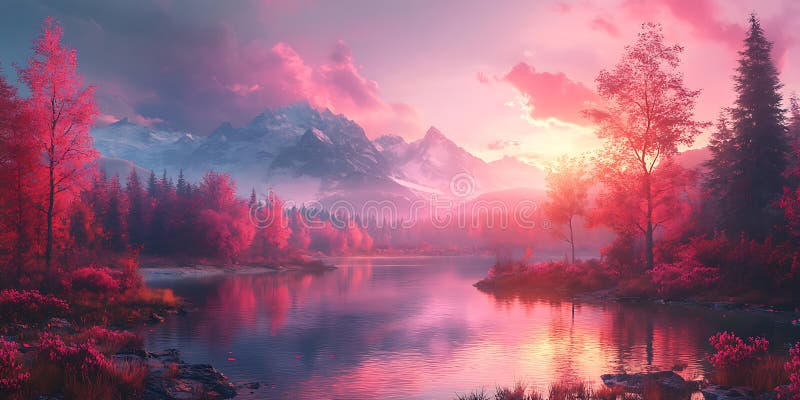 Pink Sunset Mountain Lake Artistic Landscape Wallpaper Stock ...
