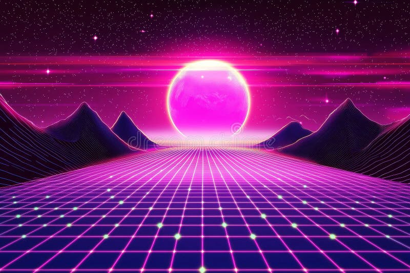 Pink Sunset Neon Grid Horizon. Stock Illustration - Illustration of ...