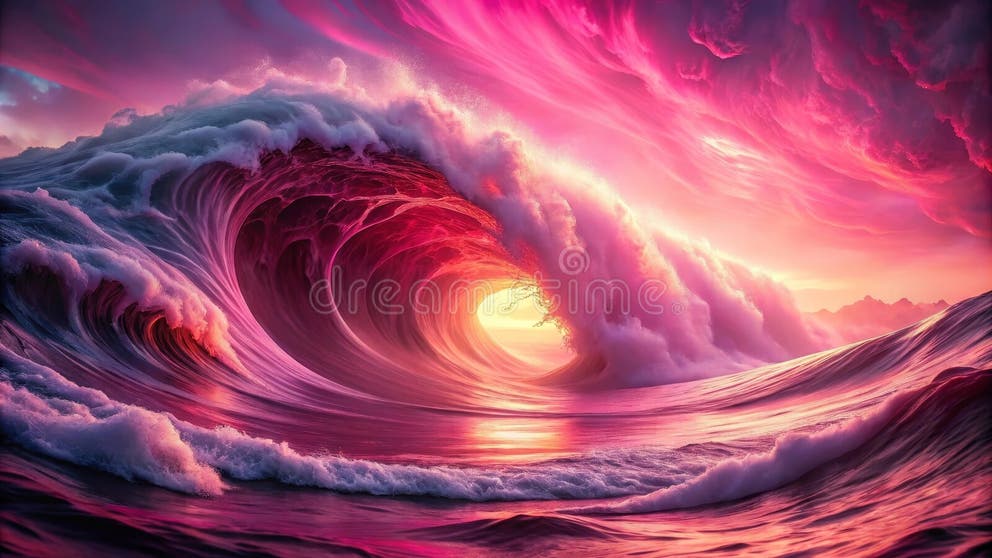 Pink Sunset Ocean Wave Barrel Scene with Dramatic Clouds. Generative AI ...