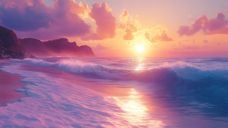 Pink Sunset Ocean Waves Beach Coastal Landscape Stock Illustration ...