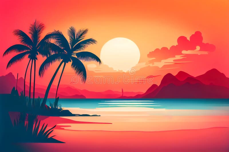 Pink Sunset Over the Bay and Palm Trees. Generative AI Stock ...