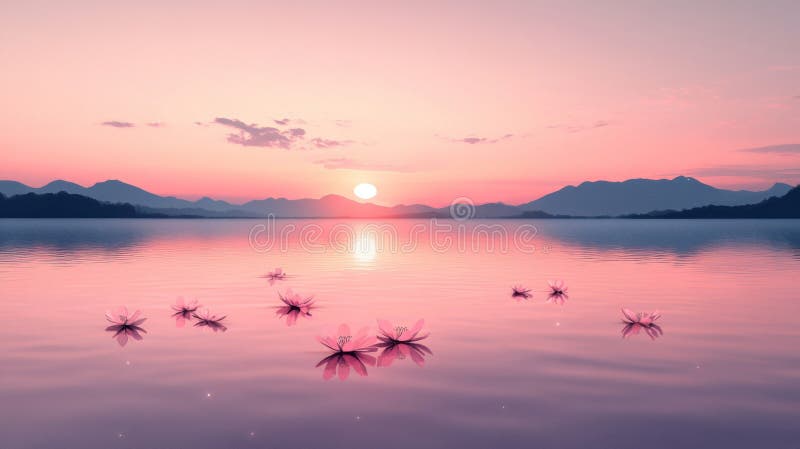 Pink Sunset Over Calm Lake with Pink Dragonflies Stock Illustration ...