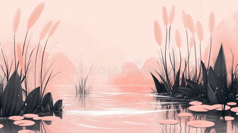 Pink Sunset Over Calm Lake with Reeds Stock Illustration - Illustration ...