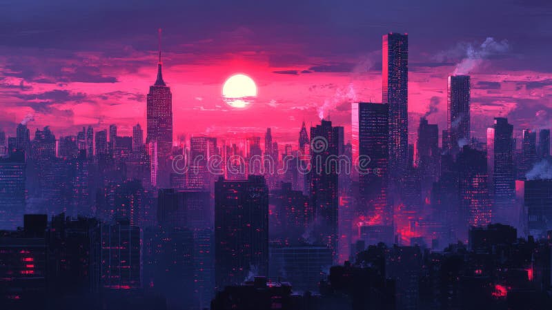 Pink Sunset Over a City Skyline at Dusk Stock Illustration ...