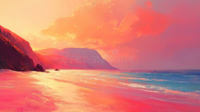 Pink Sunset Over Coastal Cliffs and Ocean Beach Stock Illustration ...