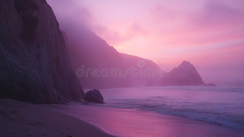 Pink Sunset Over Coastal Cliffs and Ocean Waves Stock Illustration ...