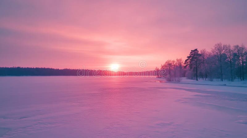 Pink Sunset Over a Frozen Lake with Silhouetted Trees Stock ...
