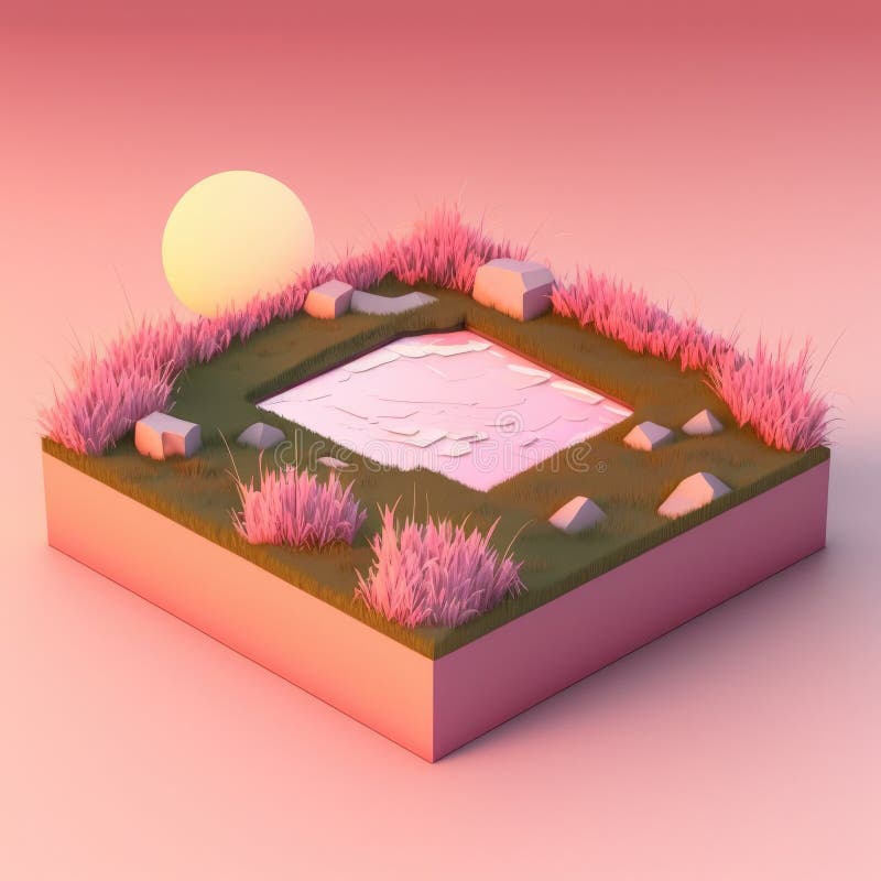 Pink Sunset Over A Grassy Meadow Isometric Low Poly View Ai Generation Stock Image Image Of