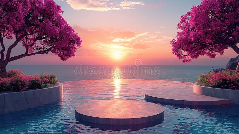 Pink Sunset Over Infinity Pool Stock Illustration - Illustration of ...