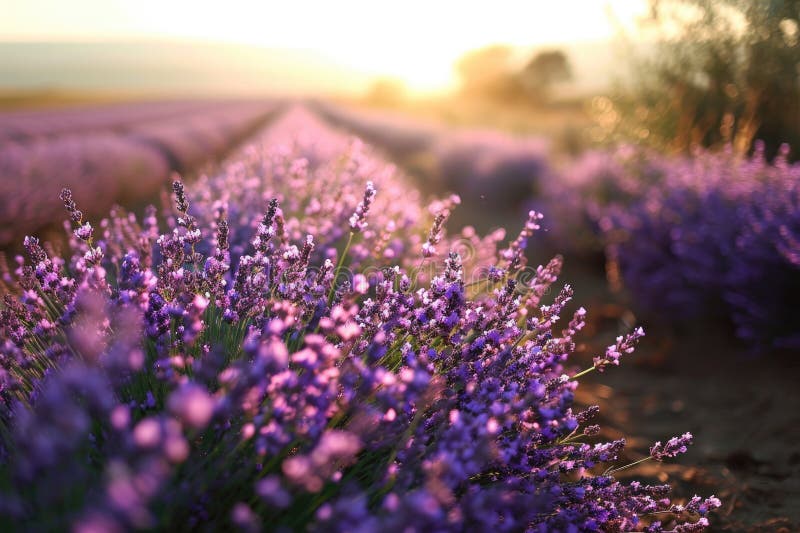 Pink Sunset Over Lavender Field Stock Image - Image of nature ...