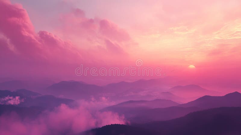 Pink Sunset Over Misty Mountain Range. (1 Stock Image - Image of ...