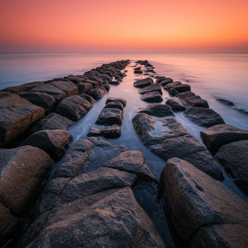 Pink Sunset Over Ocean Path of Dark Rocks Stock Illustration ...