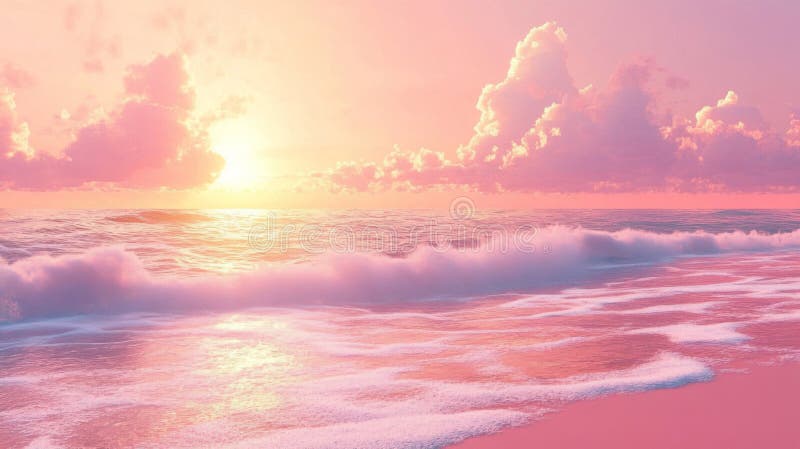Pink Sunset Over Ocean Waves on Sandy Beach Stock Illustration ...