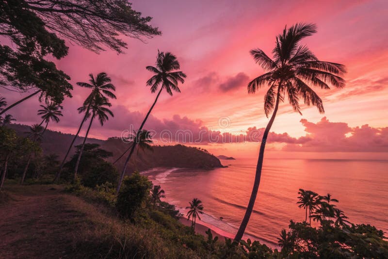Pink Sunset Over Tropical Beach Palm Trees and Ocean - Generated by Ai ...