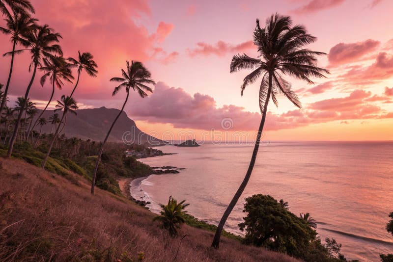 Pink Sunset Over Tropical Beach Palm Trees and Ocean - Generated by Ai ...