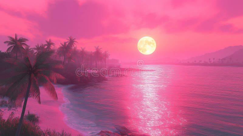 Pink Sunset Over Tropical Beach with Palm Trees and Ocean Waves Stock ...