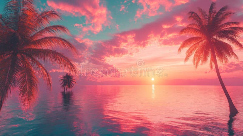 Pink Sunset Over Tropical Ocean with Palm Trees Stock Illustration ...