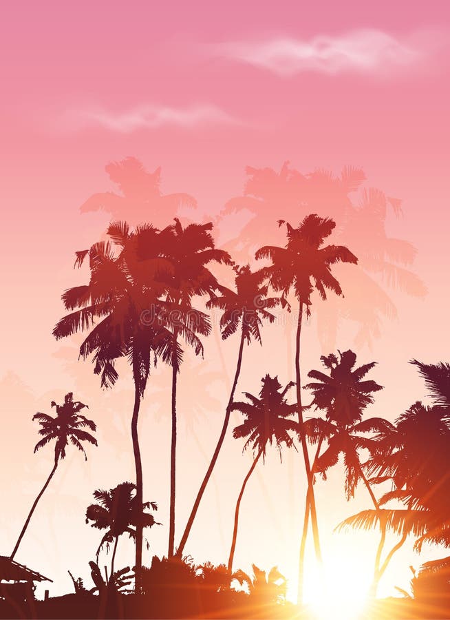 Pink Sunset Palms Silhouettes Poster Background Stock Vector ...