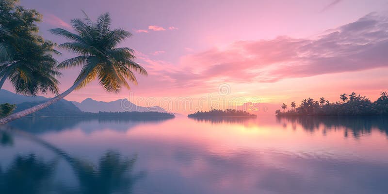 Pink Sunset Paradise Tropical River Scene Stock Illustration ...