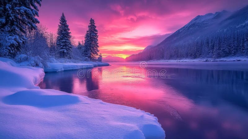 Pink Sunset Reflected in a Snowy Mountain River Stock Illustration ...