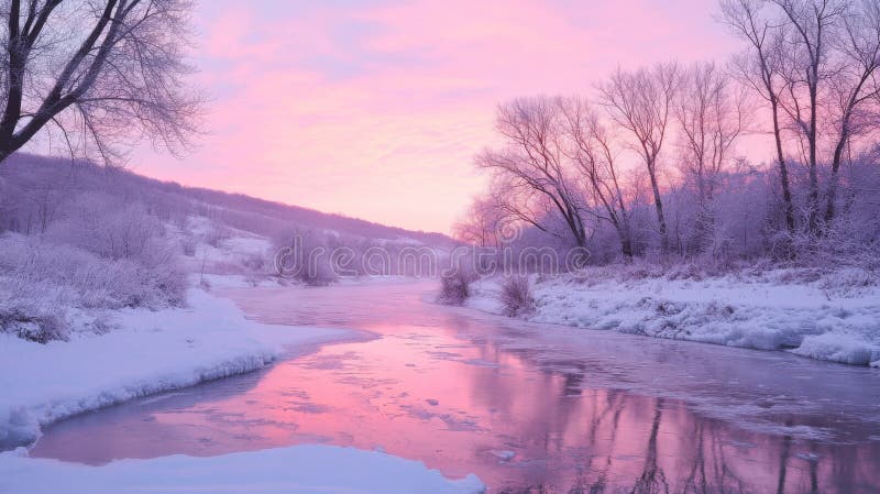 Pink Sunset Reflecting on a Frozen River Stock Illustration ...