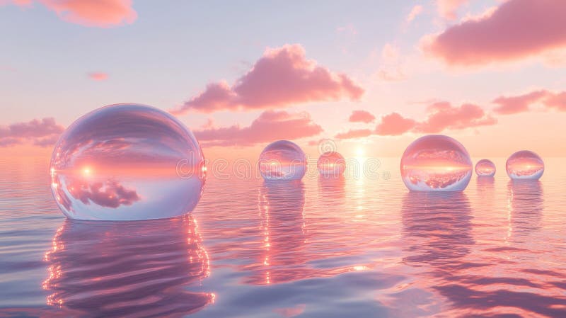 Pink Sunset Reflection on Calm Ocean with Glass Spheres Stock ...