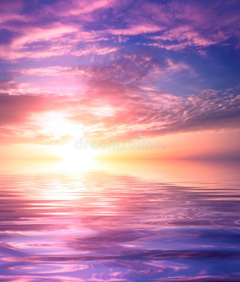 Pink Sunset on the Sea with Reflection of Clouds and the Sun on the ...