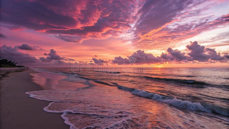 Pink Sunset Seascape Waves, Clouds, Beach Stock Illustration ...