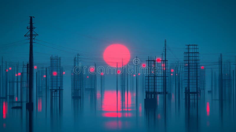 Pink Sunset Silhouette Cityscape with Mist Stock Illustration ...