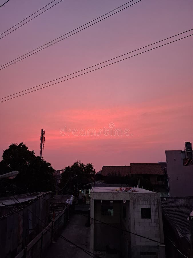 Pink Sunset Sky with Power Lines and Buildings Photo Stock Photo ...