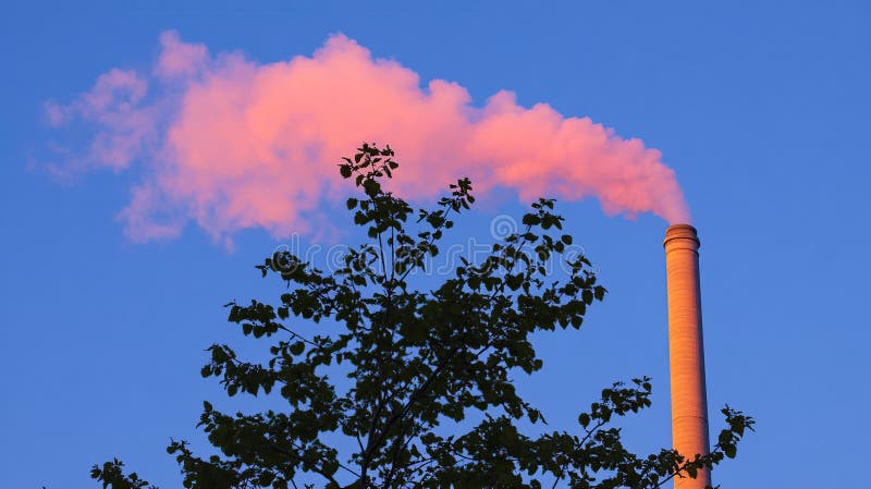 Pink Sunset Smoke Stack Emissions, Tree, Factory Stock Photo - Image of ...