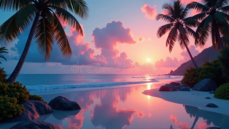 Pink Sunset on Tropical Beach with Palm Trees Stock Illustration ...