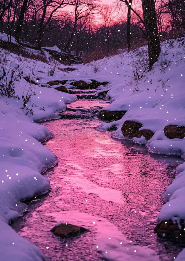 Pink Sunset Winter Stream Snowfall Scene High Quality Image Stock ...