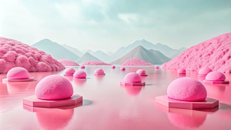 Pink Surreal Landscape with Fluffy Spheres and Mountains in the ...