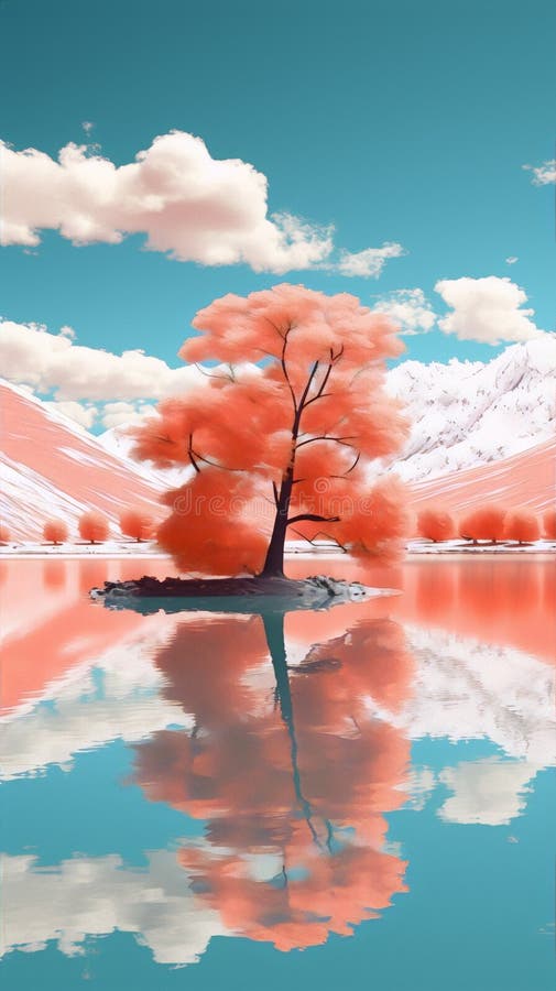 Pink Surreal Tree and Mountains Landscape with Blue Lake Reflection ...