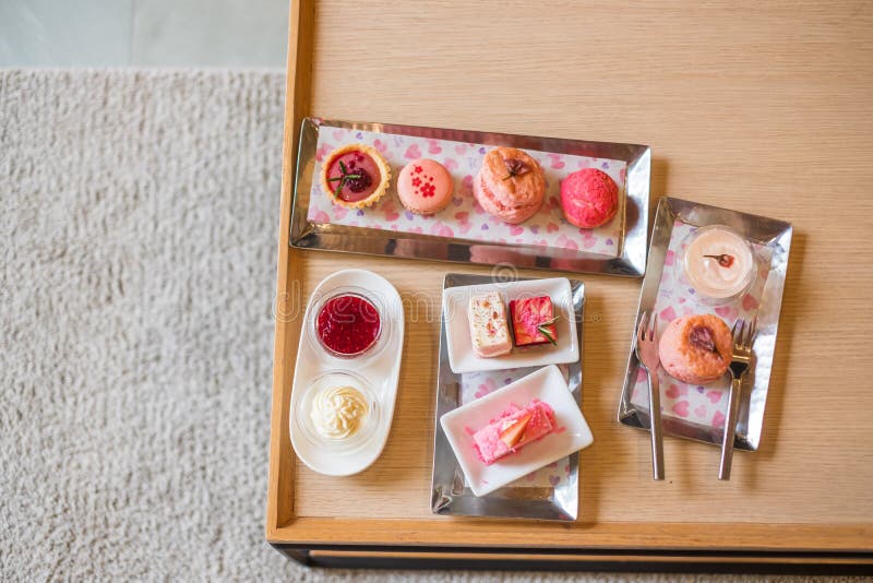 Pink Sweet Dessert Set at Luxury Hotel Stock Photo - Image of pink ...