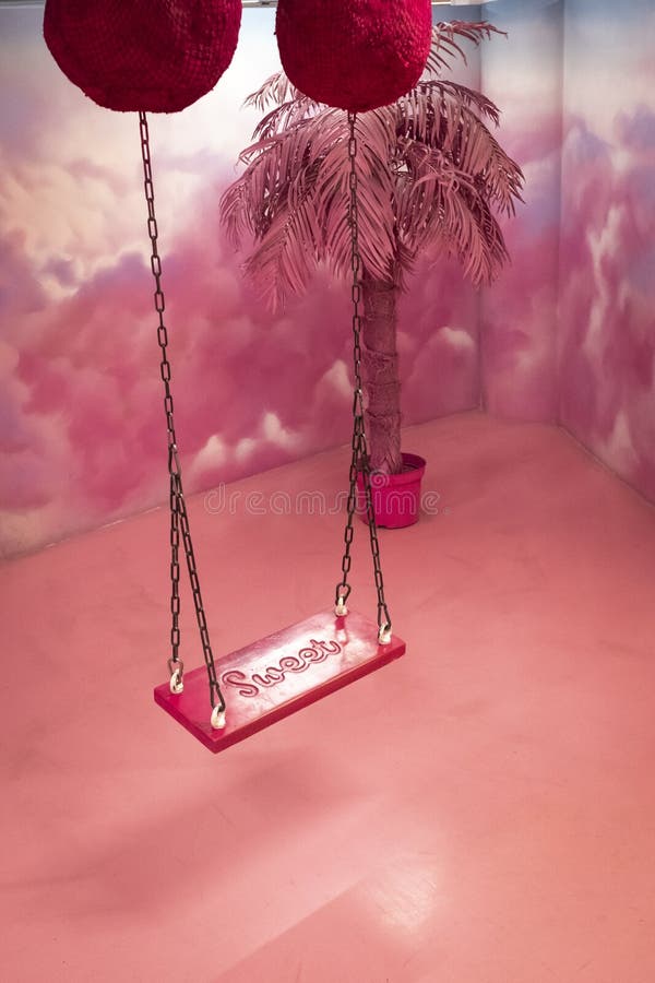 Pink Bed and Swing Hanging on Clouds in Stunning Optical Illusion Style ...