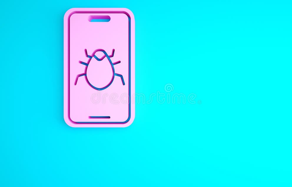 Pink System Bug on Mobile Icon Isolated on Blue Background. Code Bug ...