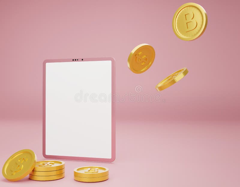 Pink Tablet Computer with Golden Coin on Pink Background. Template and ...
