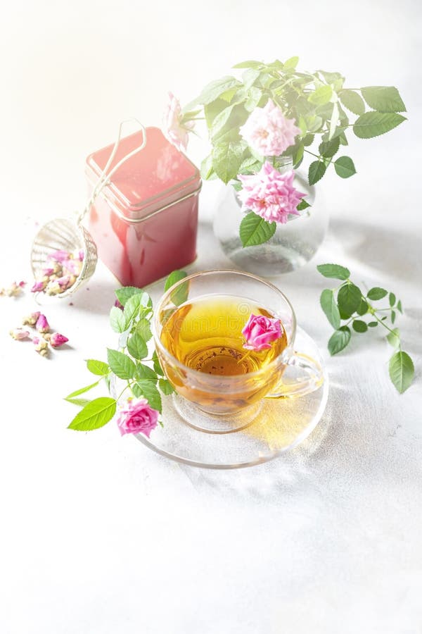 Pink Tea Buds, a Glass Cup and Vintage Strainer Stock Image - Image of ...